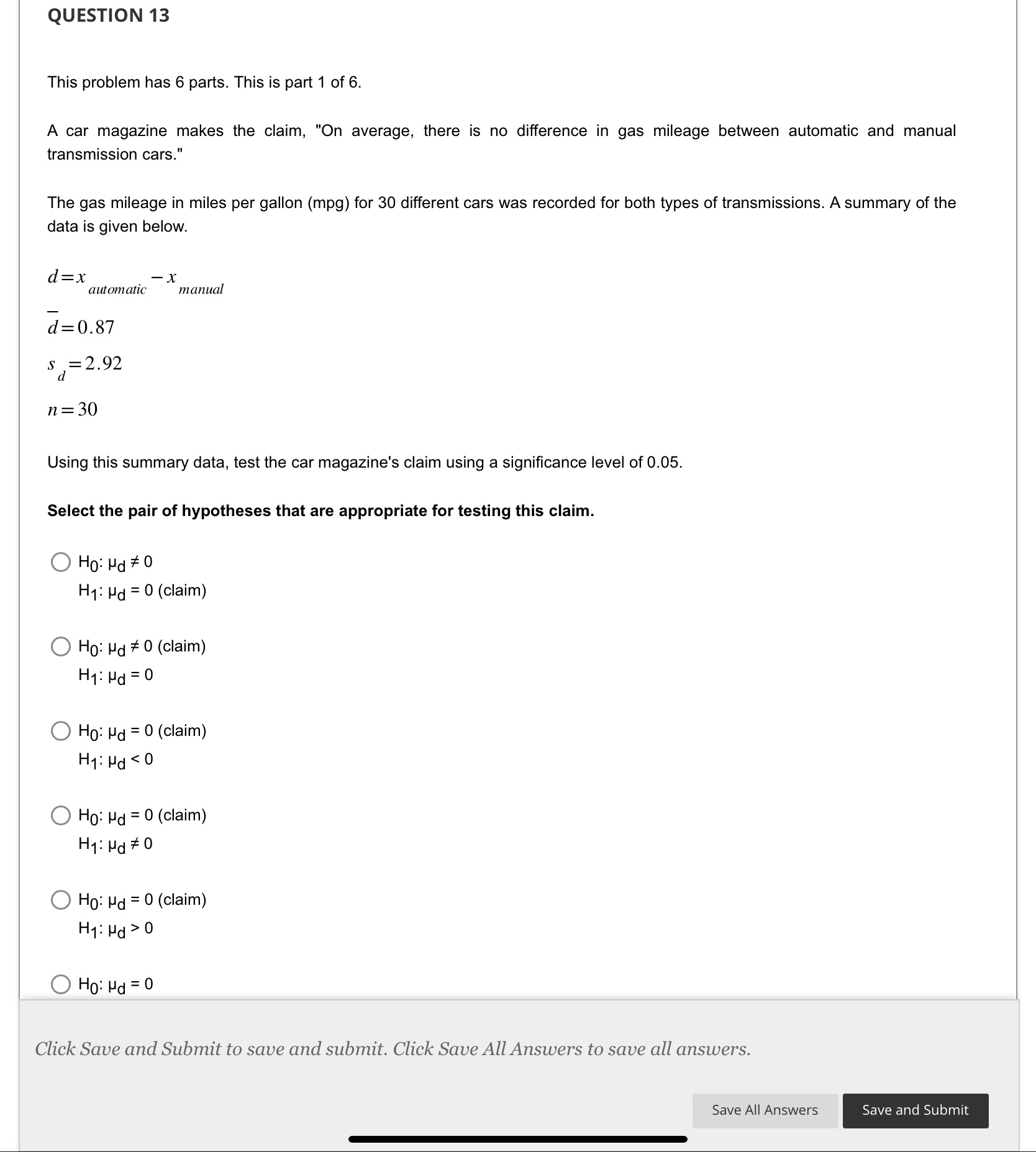Solved QUESTION 13 This problem has 6 parts. This is part 1 | Chegg.com