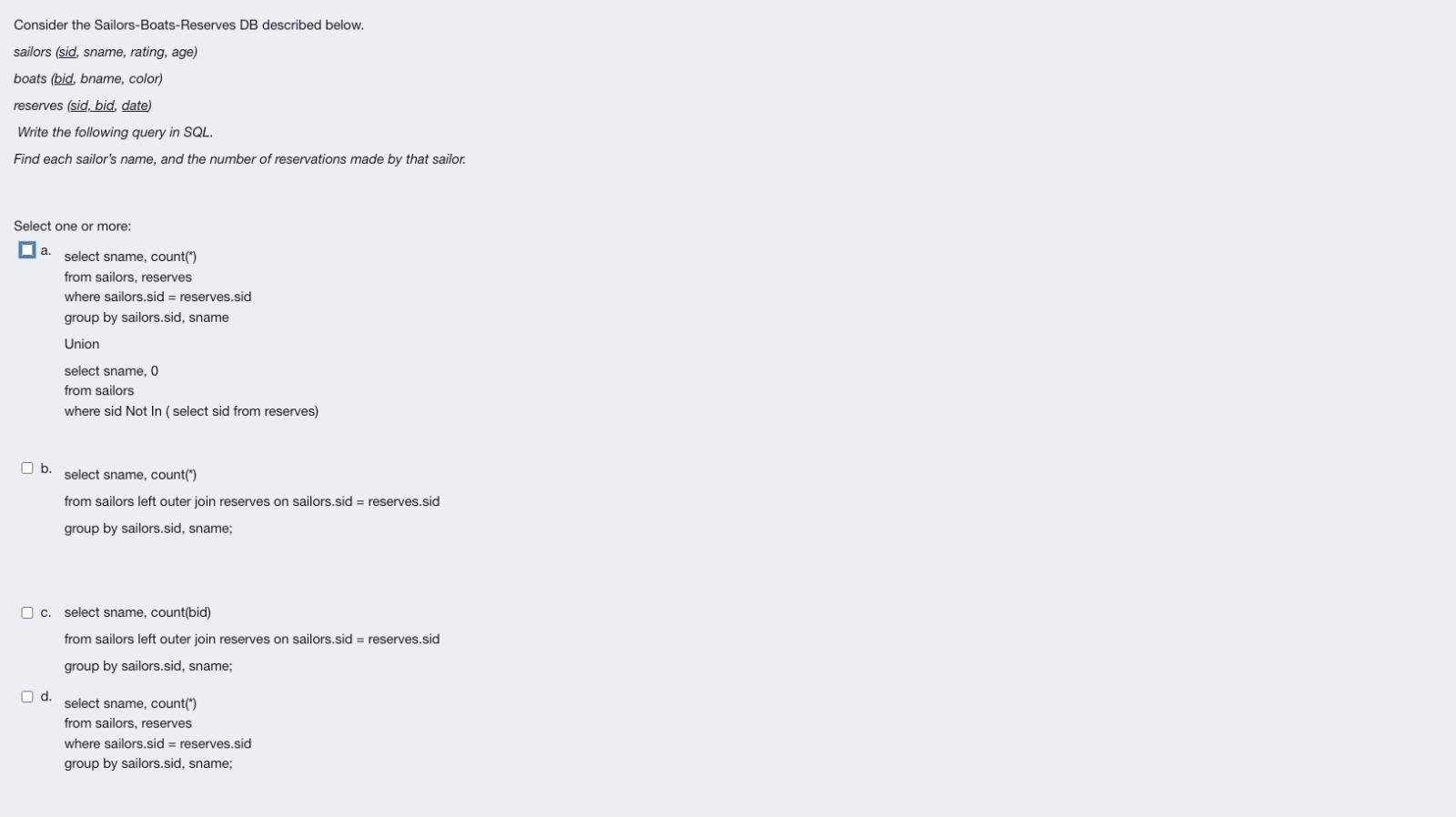 Solved Consider the Sailors-Boats-Reserves DB described | Chegg.com