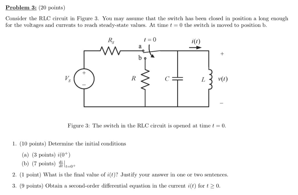 Solved Problem 3: (20 points) Consider the RLC circuit in | Chegg.com