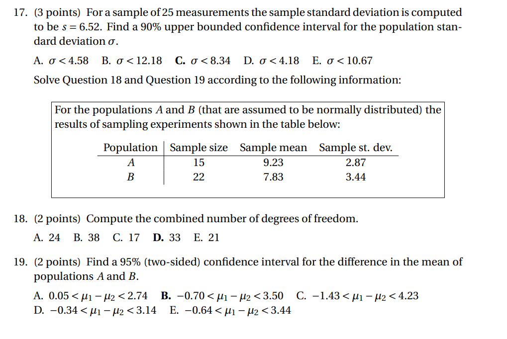 Solved 17. (3 points) For a sample of 25 measurements the | Chegg.com
