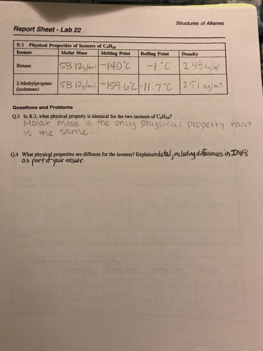 Solved Structures of Alkanes Report Sheet -Lab 22 B.3 | Chegg.com