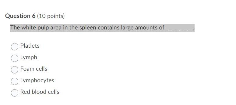Solved Question 6 (10 points) The white pulp area in the | Chegg.com