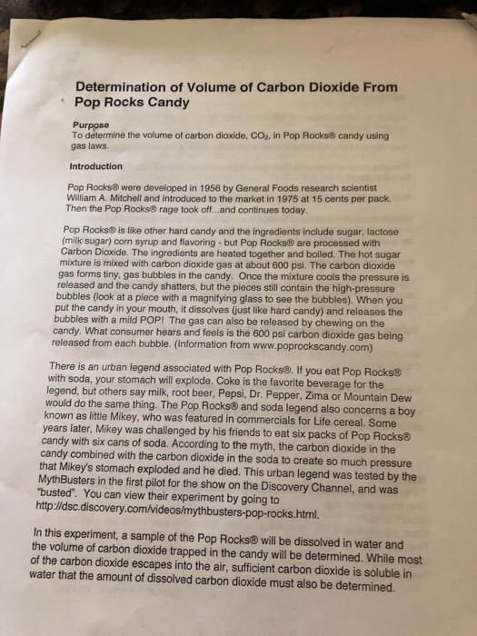 Solved Determination of Volume of Carbon Dioxide From Pop | Chegg.com