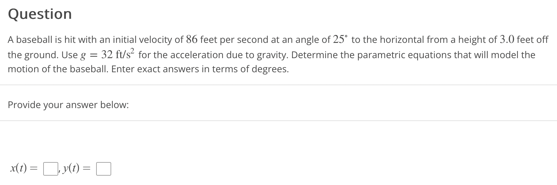 Solved A baseball is hit with an initial velocity of 86 feet | Chegg.com