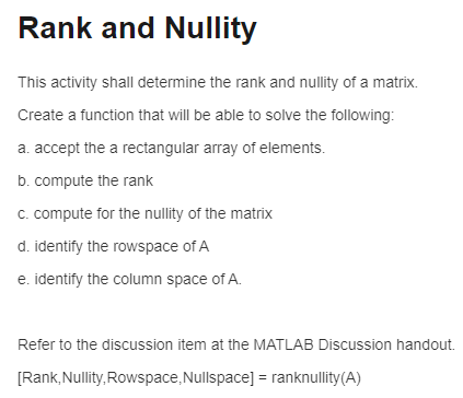 Solved Rank and Nullity This activity shall determine the | Chegg.com