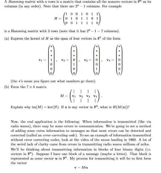 Solved A Hamming matriz with n rows is a matrix that | Chegg.com