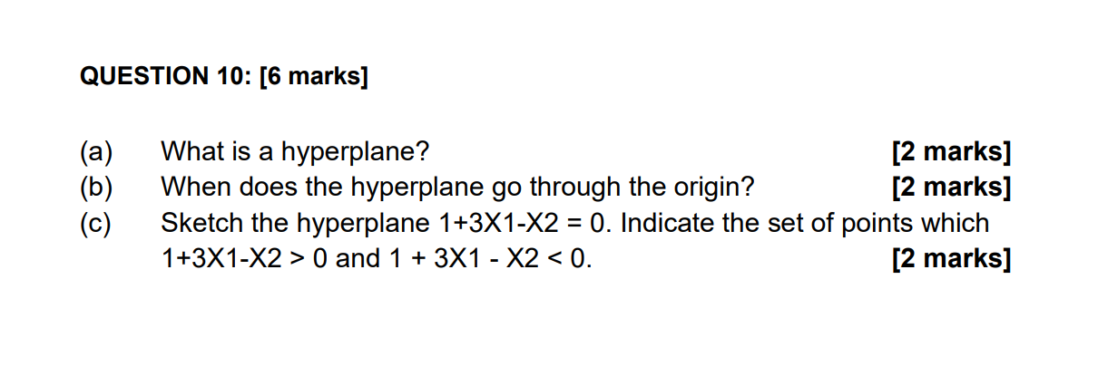 Solved (a) What is a hyperplane? [2 marks] (b) When does the | Chegg.com