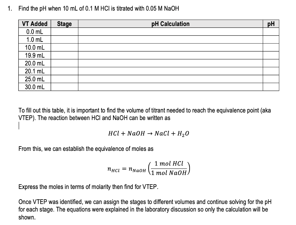Solved 1. Find the pH when 10 mL of 0.1 M HCl is titrated | Chegg.com