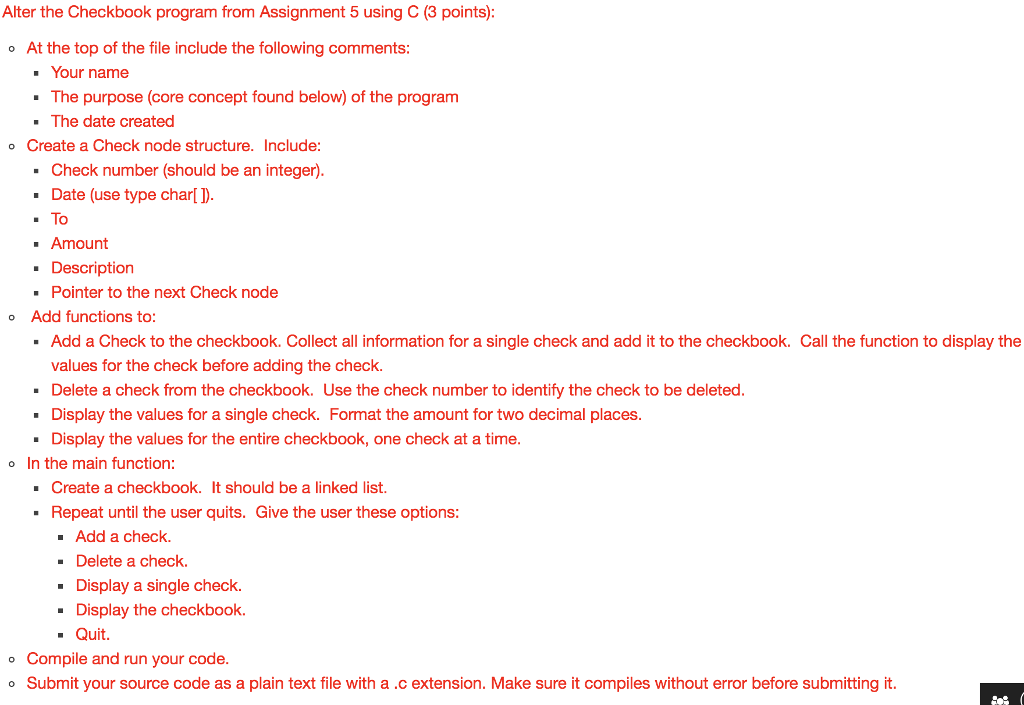Solved Alter the Checkbook program from Assignment 5 using C | Chegg.com