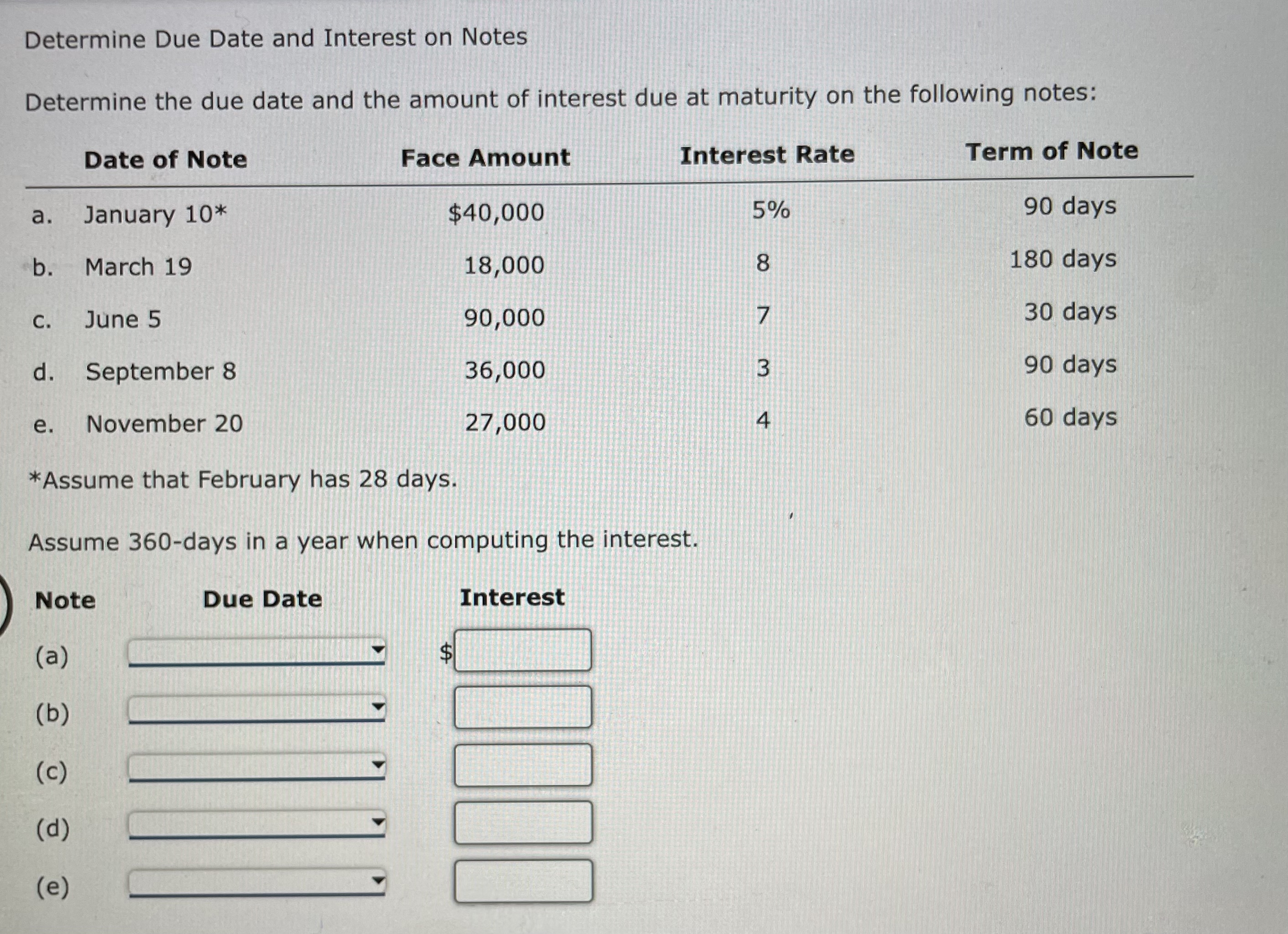 Solved Determine Due Date and Interest on Notes Determine | Chegg.com