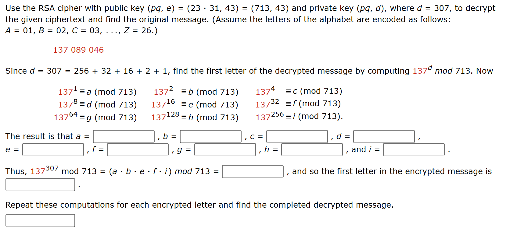 Solved Use the RSA cipher with public key | Chegg.com