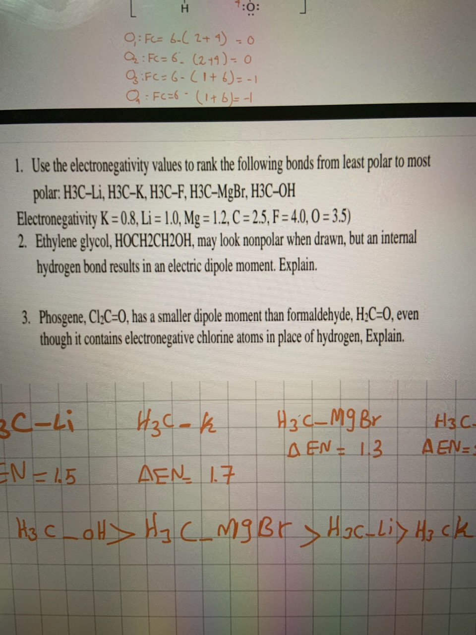 Solved 1. Use the electronegativity values to rank the | Chegg.com