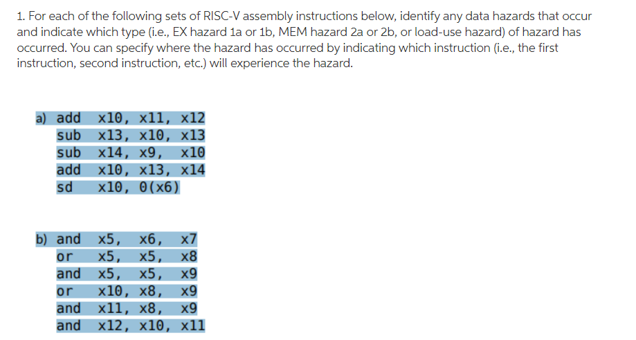 Solved 1. For each of the following sets of RISC-V assembly | Chegg.com