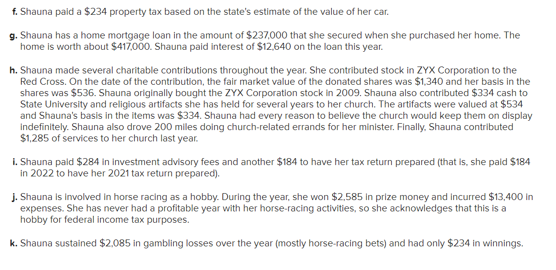 Solved f. Shauna paid a $234 property tax based on the | Chegg.com