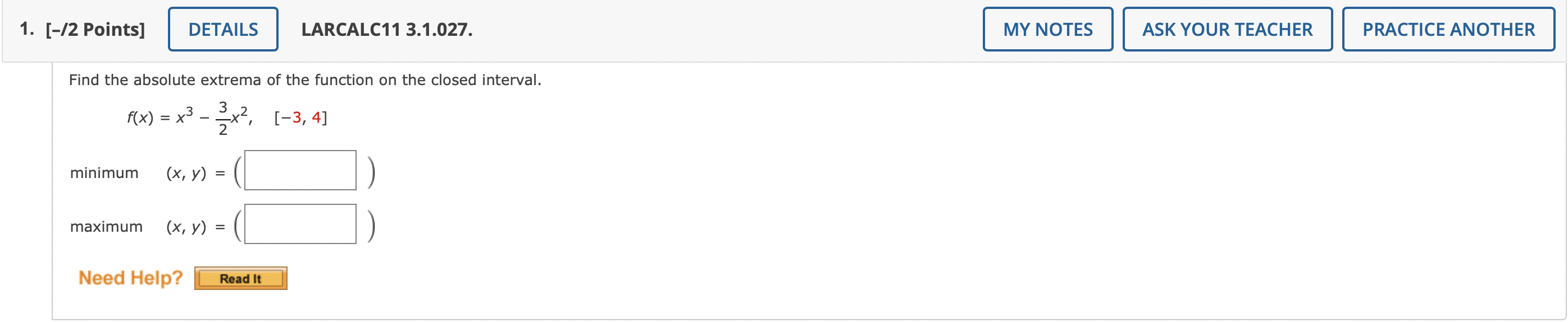 Solved 1. [-/2 Points] DETAILS Find the absolute extrema of | Chegg.com