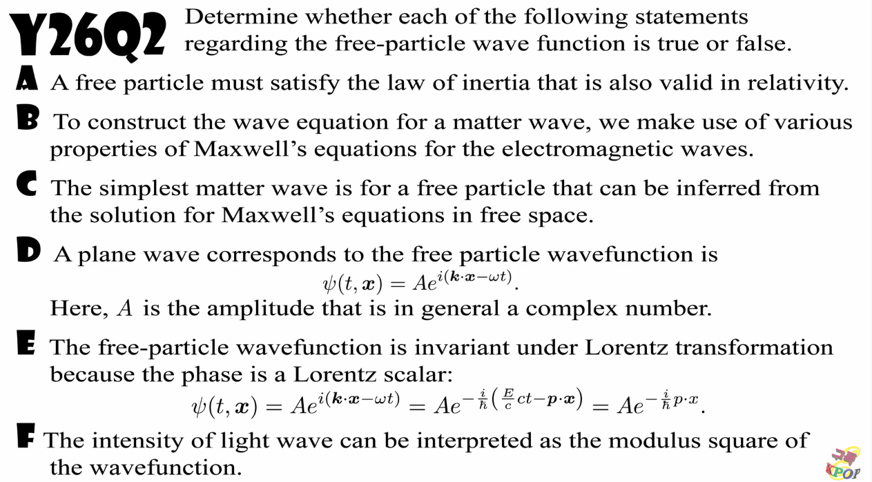 Solved Y26Q2 regarding the free-particle wave function is | Chegg.com