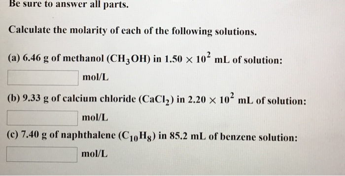 Solved Be sure to answer all parts. Calculate the molarity | Chegg.com