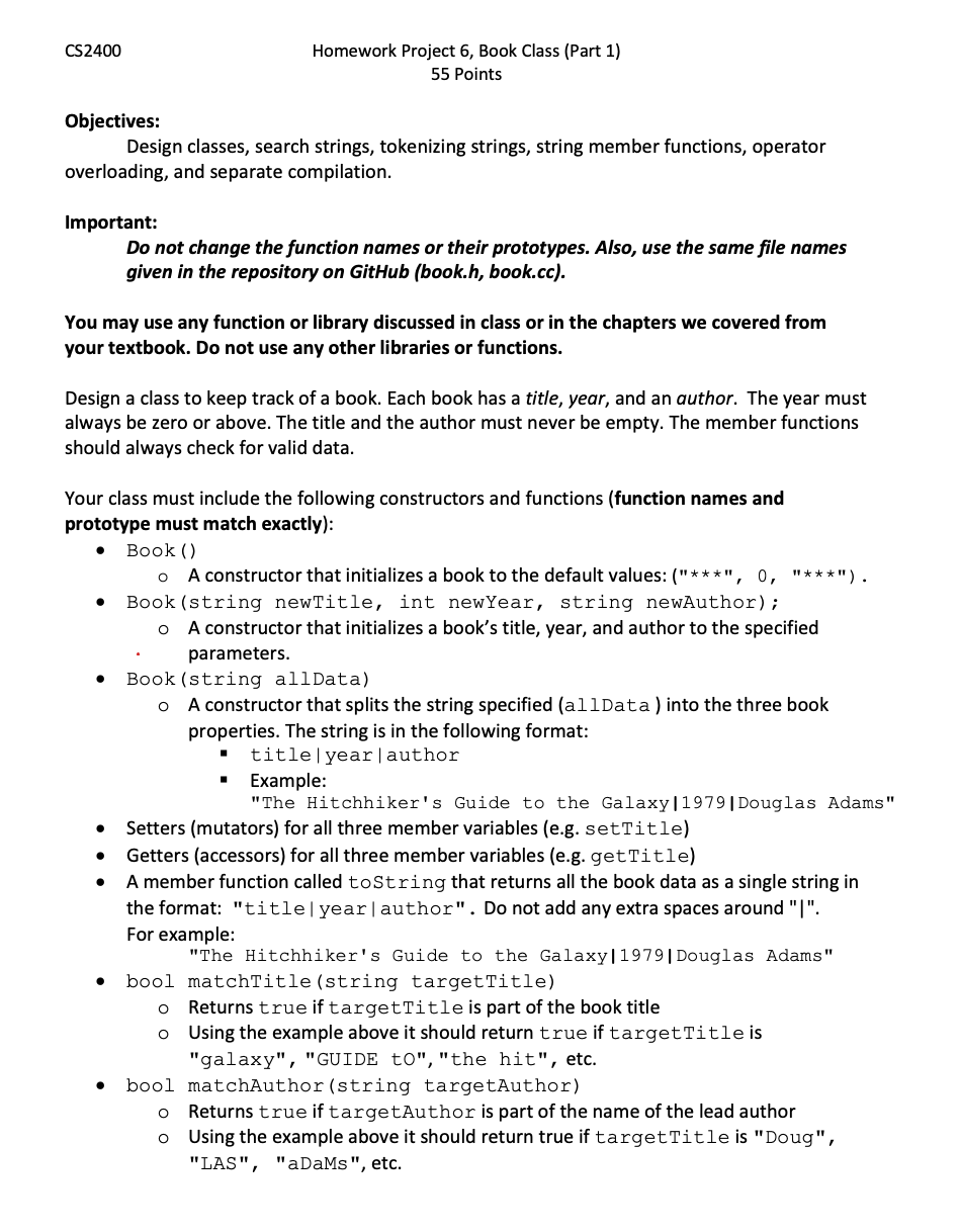 Solved CS2400 Homework Project 6, Book Class (Part 1) 55 | Chegg.com