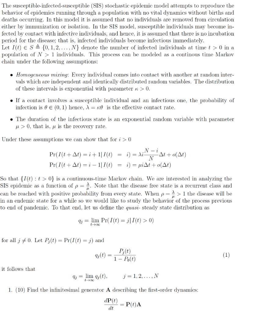 Solved The susceptible-infected-susceptible (SIS) stochastic | Chegg.com