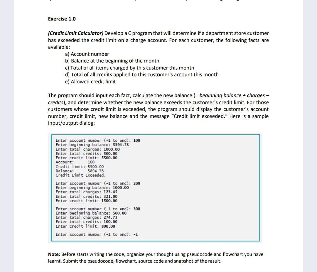Solved Exercise 1.0 (Credit Limit Calculator) Develop a C | Chegg.com