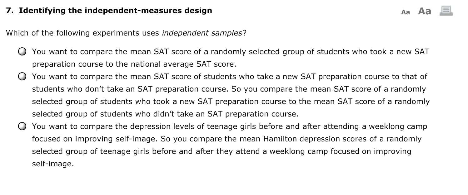 Solved 7. Identifying the independent-measures design Aa Aa | Chegg.com