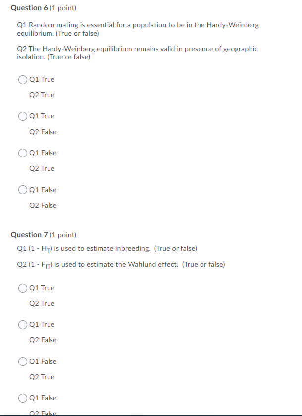 Solved Question 6 (1 point) Q1 Random mating is essential | Chegg.com