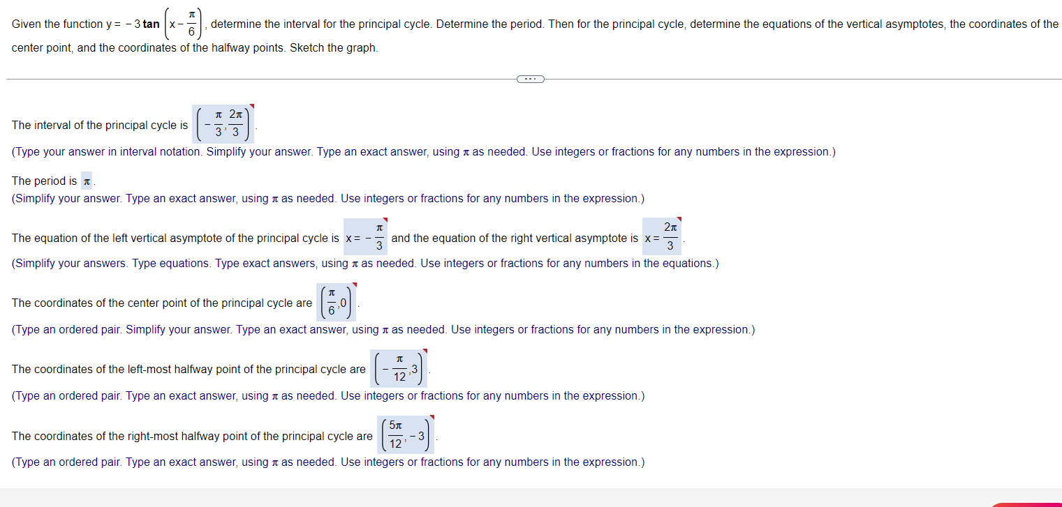 Solved Given the function y=−3tan(x−6π), determine the | Chegg.com