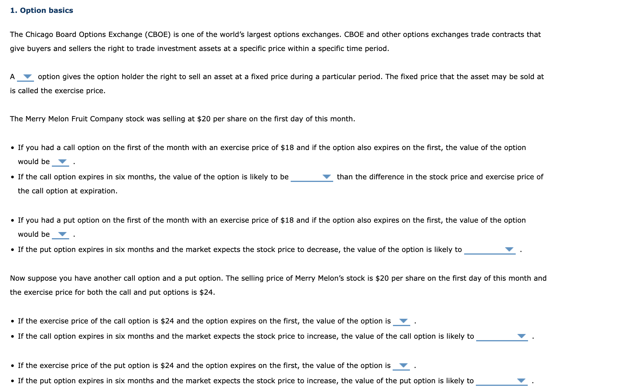 Solved 1. Option basics The Chicago Board Options Exchange | Chegg.com