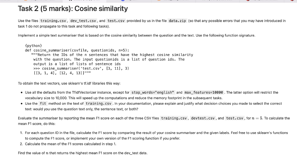Task 2 (5 marks): Cosine similarity Use the files | Chegg.com