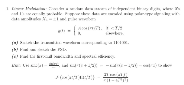 Solved 1. Linear Modulation: Consider a random data stream | Chegg.com
