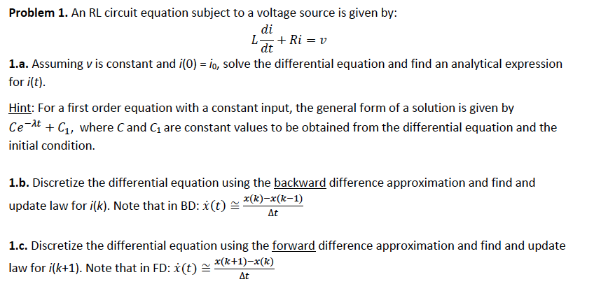 Solved dt Problem 1. An RL circuit equation subject to a | Chegg.com