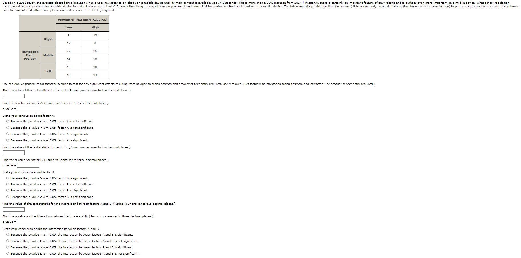 Solved Find the p-value for the interaction between factors | Chegg.com