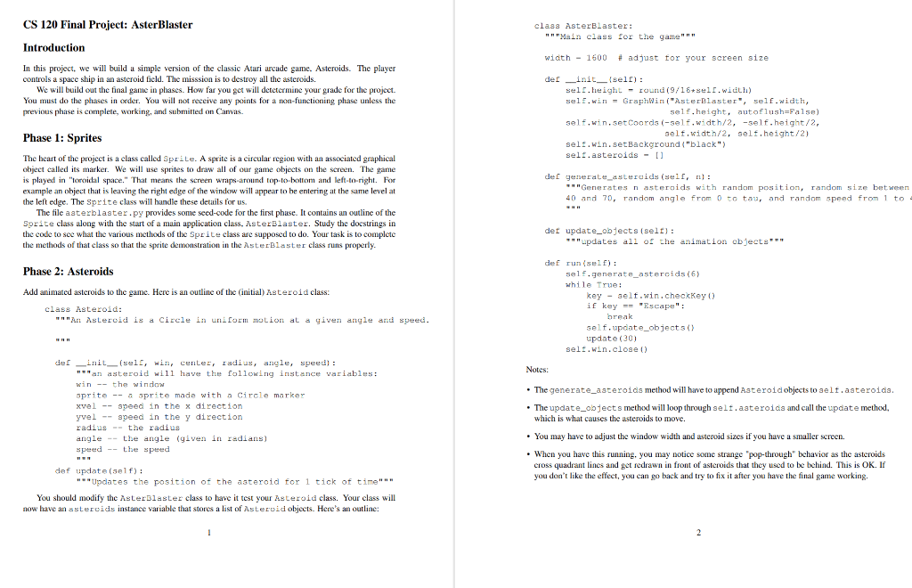 Solved CS 120 Final Project: AsterBlaster Introduction clasa | Chegg.com