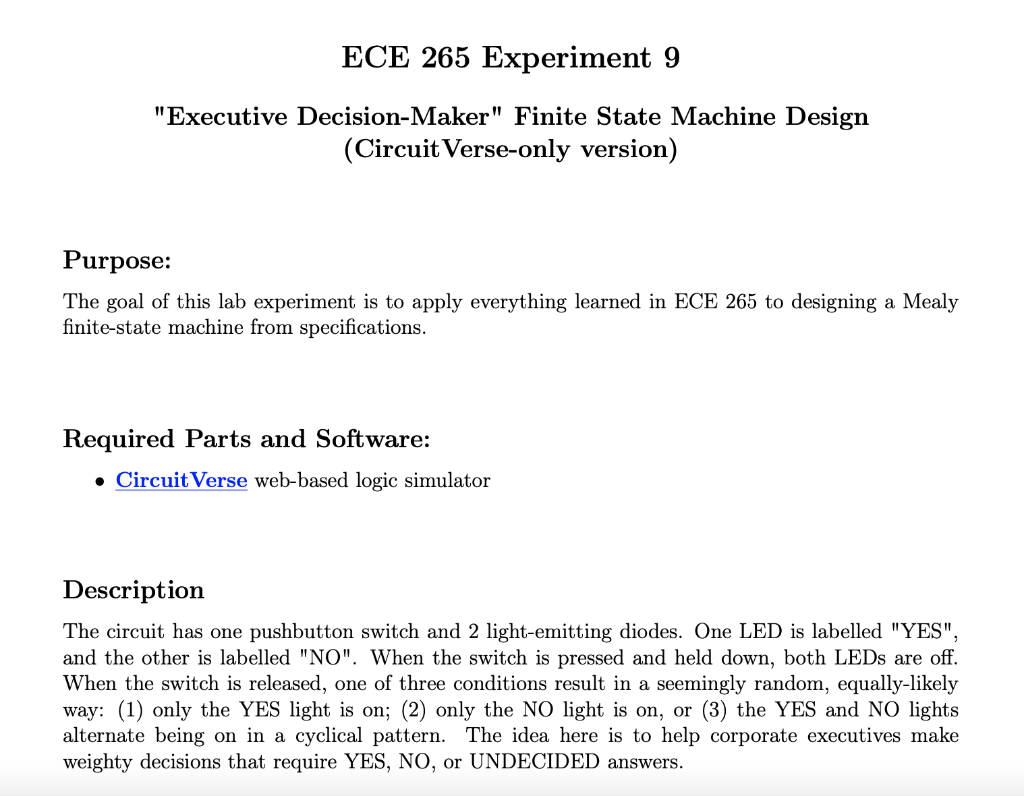 ECE 265 Experiment 9 "Executive Decision-Maker" | Chegg.com