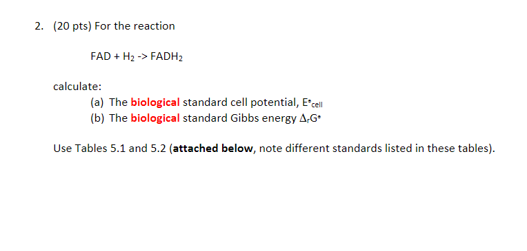 Solved 2. (20 pts) For the reaction FAD + H2 -> FADH2 | Chegg.com