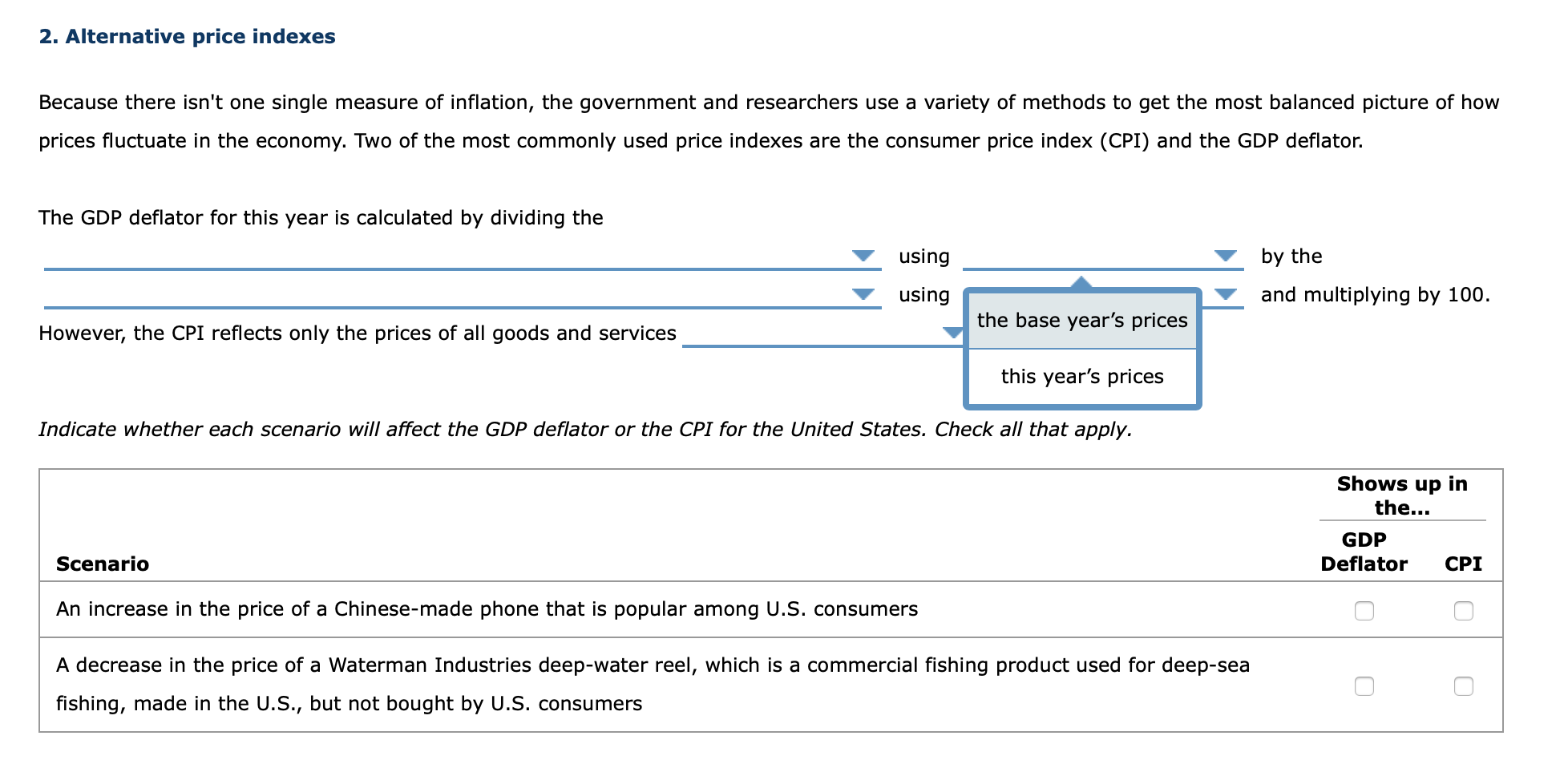 Solved 2 Alternative Price Indexes Because There Isn t One Chegg