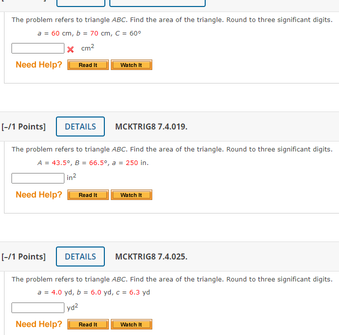 Solved 1. The problem refers to triangle ABC. Find the area | Chegg.com