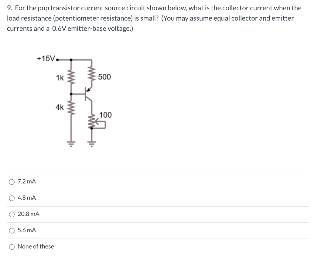 Solved 9. For the pnp transistor current source circuit | Chegg.com