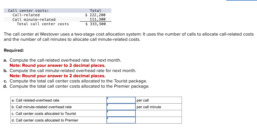 The call center at Westover uses a two-stage cost | Chegg.com