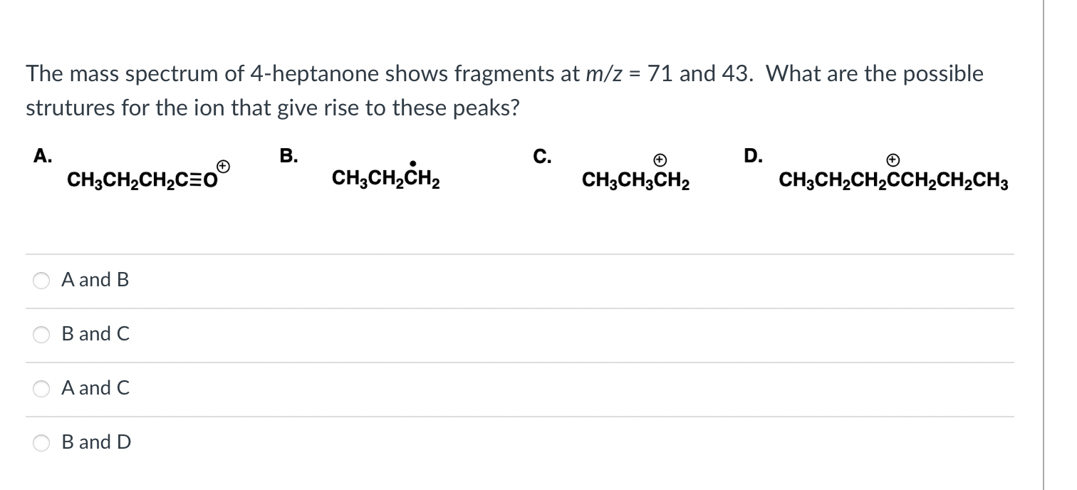 Solved The mass spectrum of 4-heptanone shows fragments at | Chegg.com