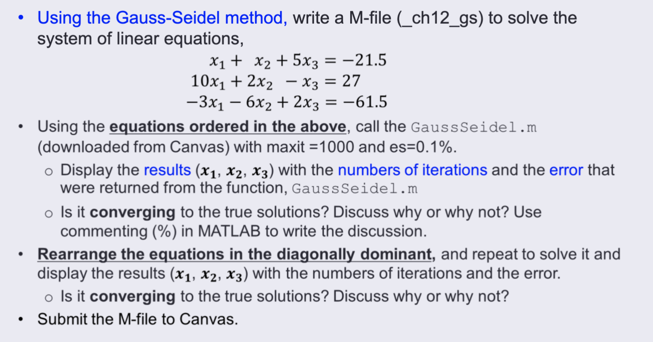 Solved - Using the Gauss-Seidel method, write a M-file | Chegg.com
