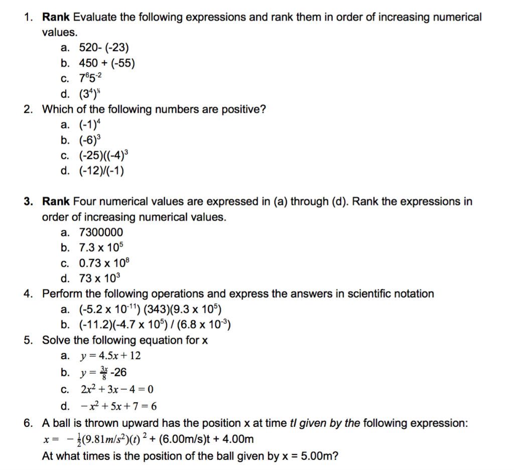 Solved 1. Rank Evaluate the following expressions and rank | Chegg.com