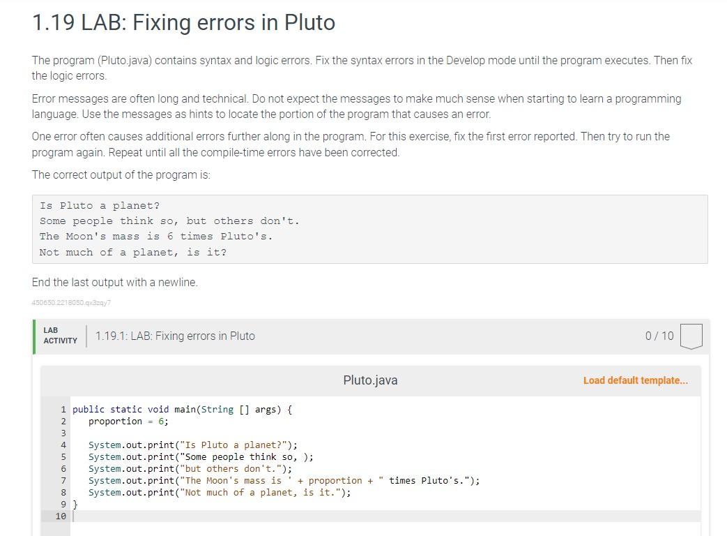 Solved The Program Pluto java Contains Syntax And Logic Chegg