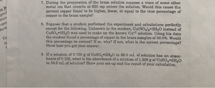 Solved 7. During the preparation of the brass solution | Chegg.com