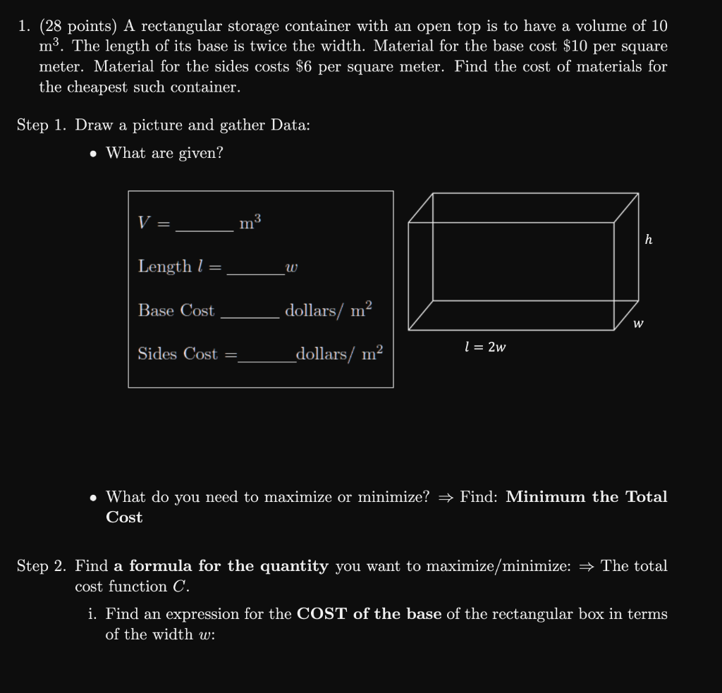 Solved 1. (28 points) A rectangular storage container with | Chegg.com