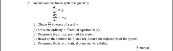 Solved 2. An autonomous linear system is given by | Chegg.com