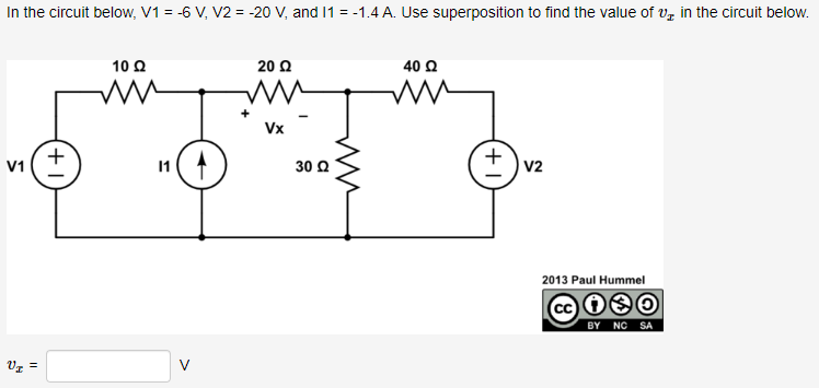 Solved In the circuit below, V1=−6 V, V2=−20 V, and I1=−1.4 | Chegg.com