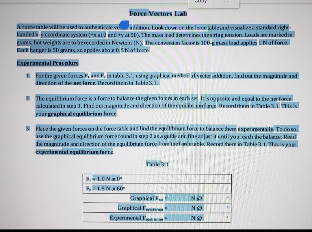Force Vectors Lab A force table will be used to | Chegg.com