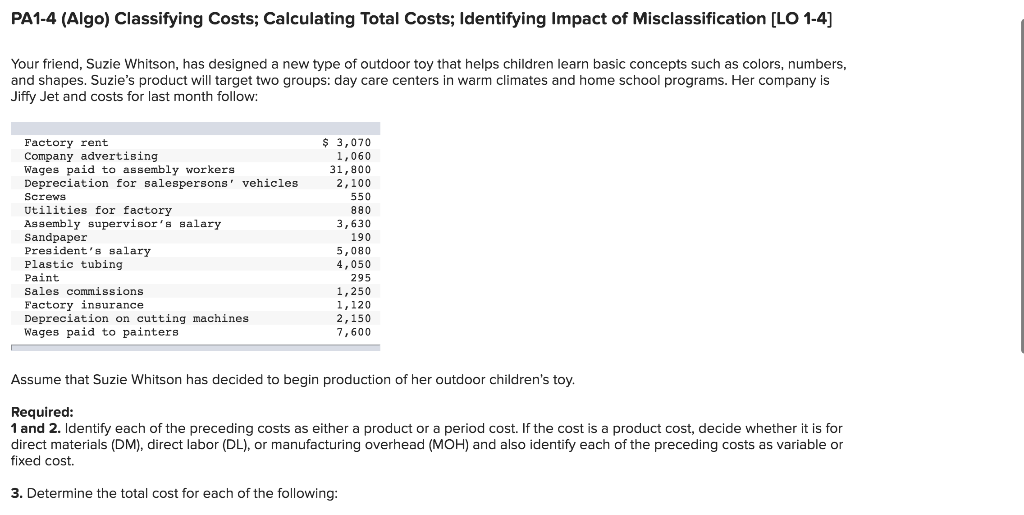 Solved PA1-4 (Algo) Classifying Costs; Calculating Total | Chegg.com