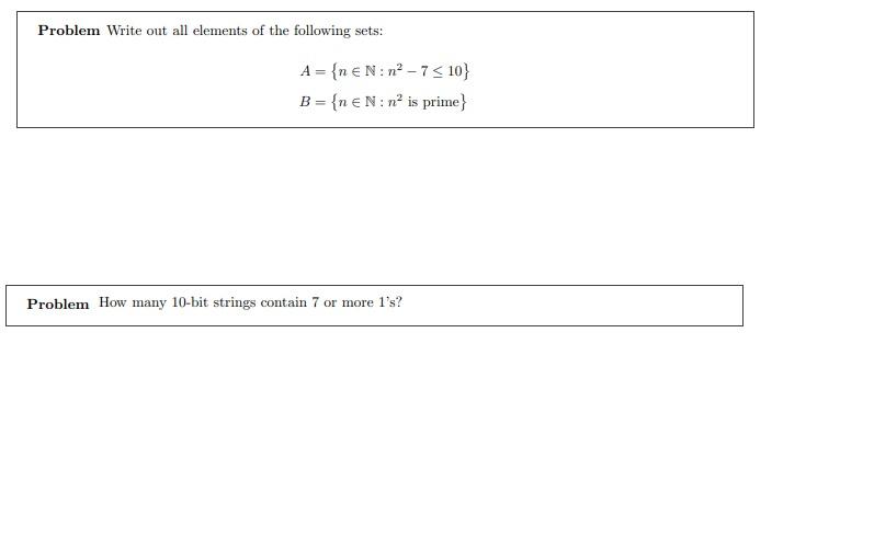 Solved Problem Write out all elements of the following sets: | Chegg.com